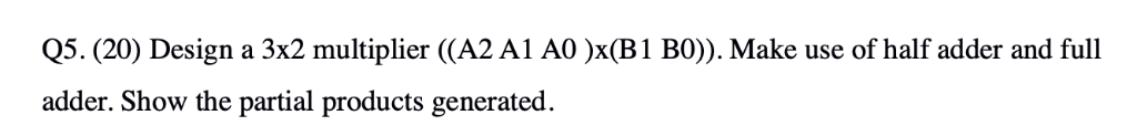 Solved Q5. (20) Design a 3x2 multiplier ((A2 A1 A0)x(B1 BO). | Chegg.com