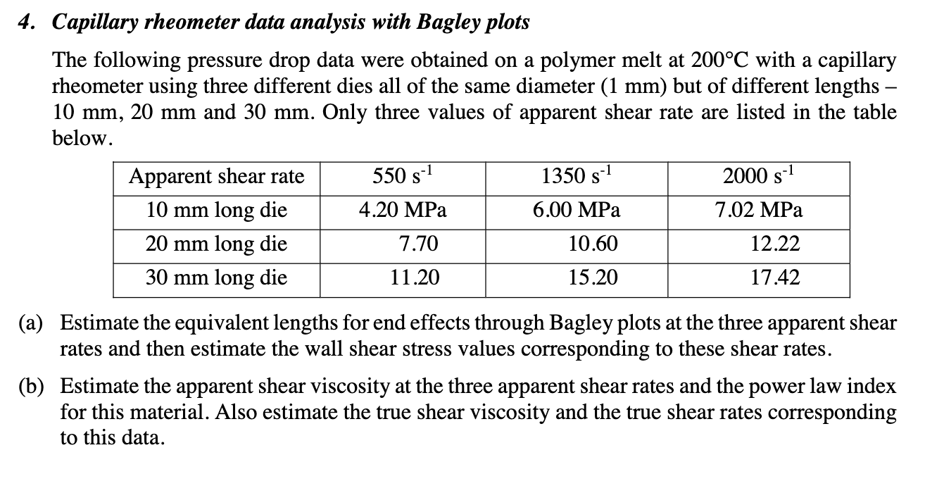 4. Capillary rheometer data analysis with Bagley | Chegg.com