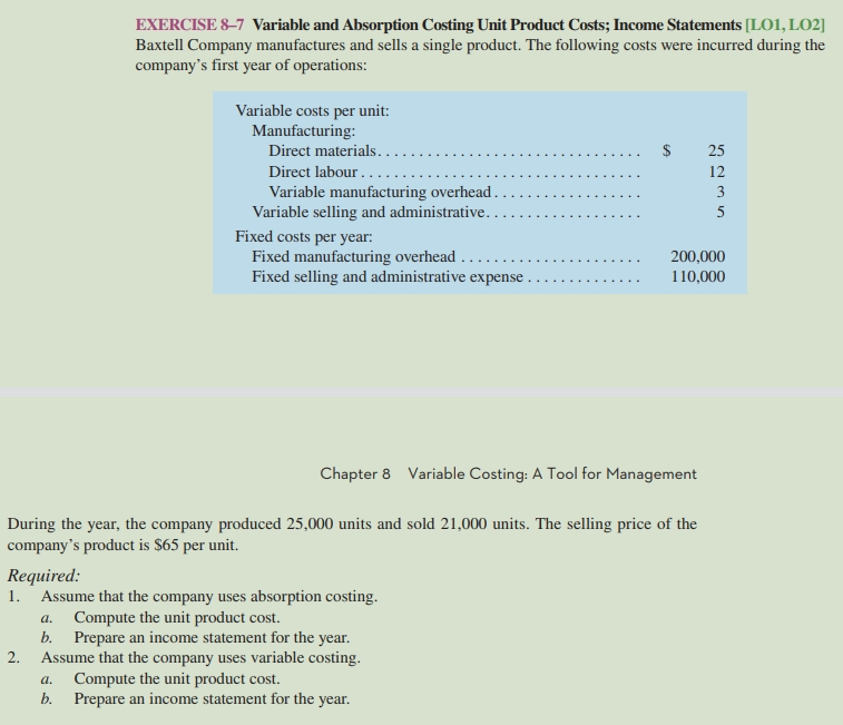 Solved EXERCISE 8-7 Variable and Absorption Costing Unit | Chegg.com
