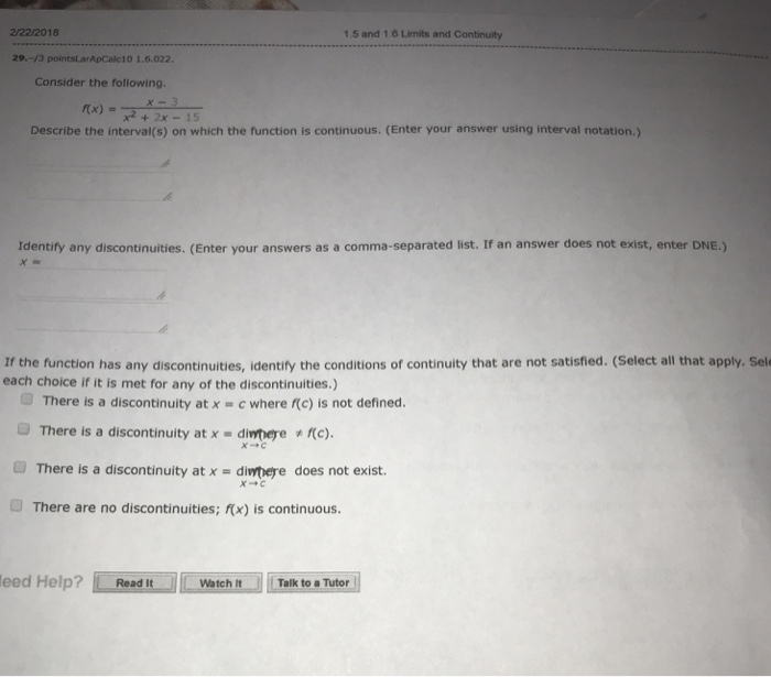 Solved 2/22/2018 1.5 and 1.6 Limits and Continuity 29.-/3 | Chegg.com