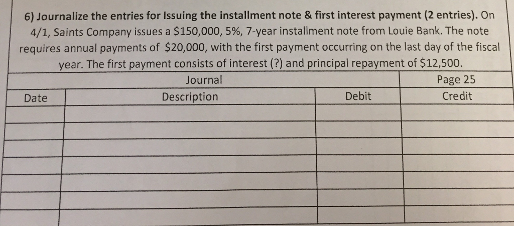 Solved 6) Journalize the entries for Issuing the installment | Chegg.com