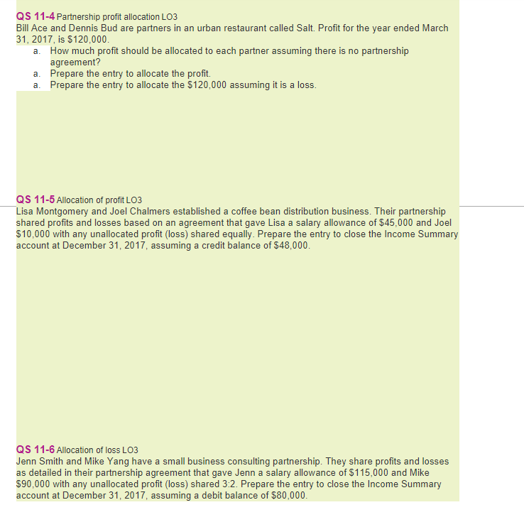 Solved QS 11-4 Partnership profit allocation LO3 Bill Ace | Chegg.com