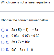 Solved Which one is not a linear equation? Choose the | Chegg.com