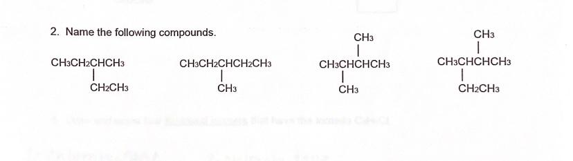 Solved 2. Name the following compounds. CH3 | CH3CHCHCH3 | Chegg.com