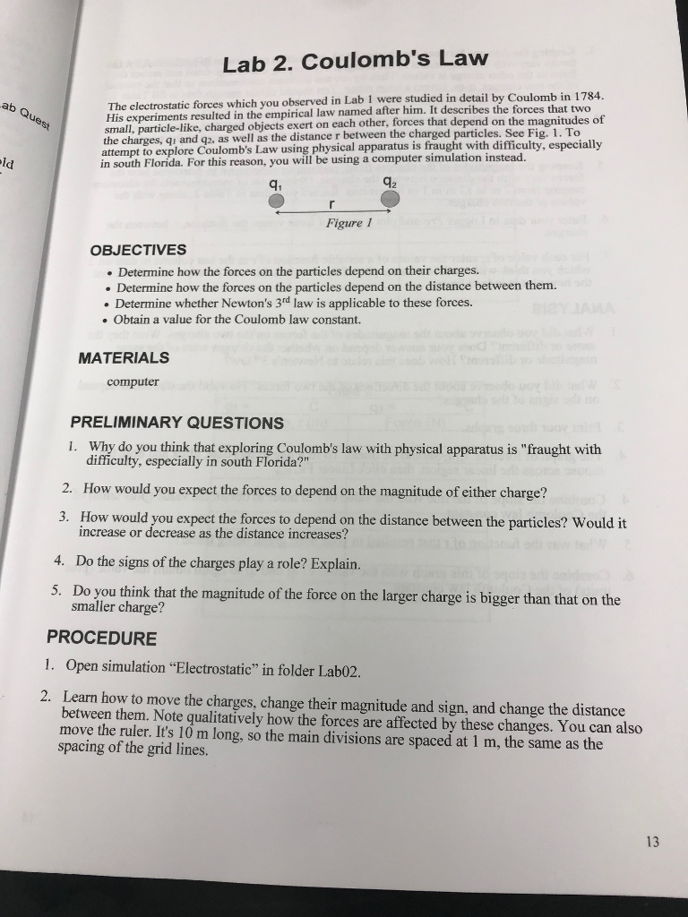 Solved Lab 2. Coulomb's Law The electrostatic forces which | Chegg.com