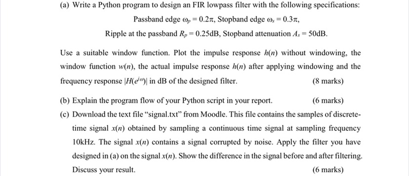 (a) Write a Python program to design an FIR lowpass | Chegg.com