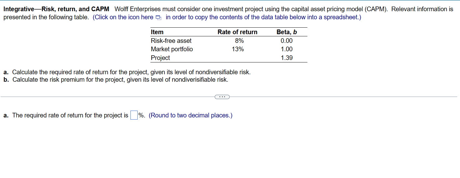 Solved Integrative-Risk, return, and CAPM Wolff Enterprises | Chegg.com
