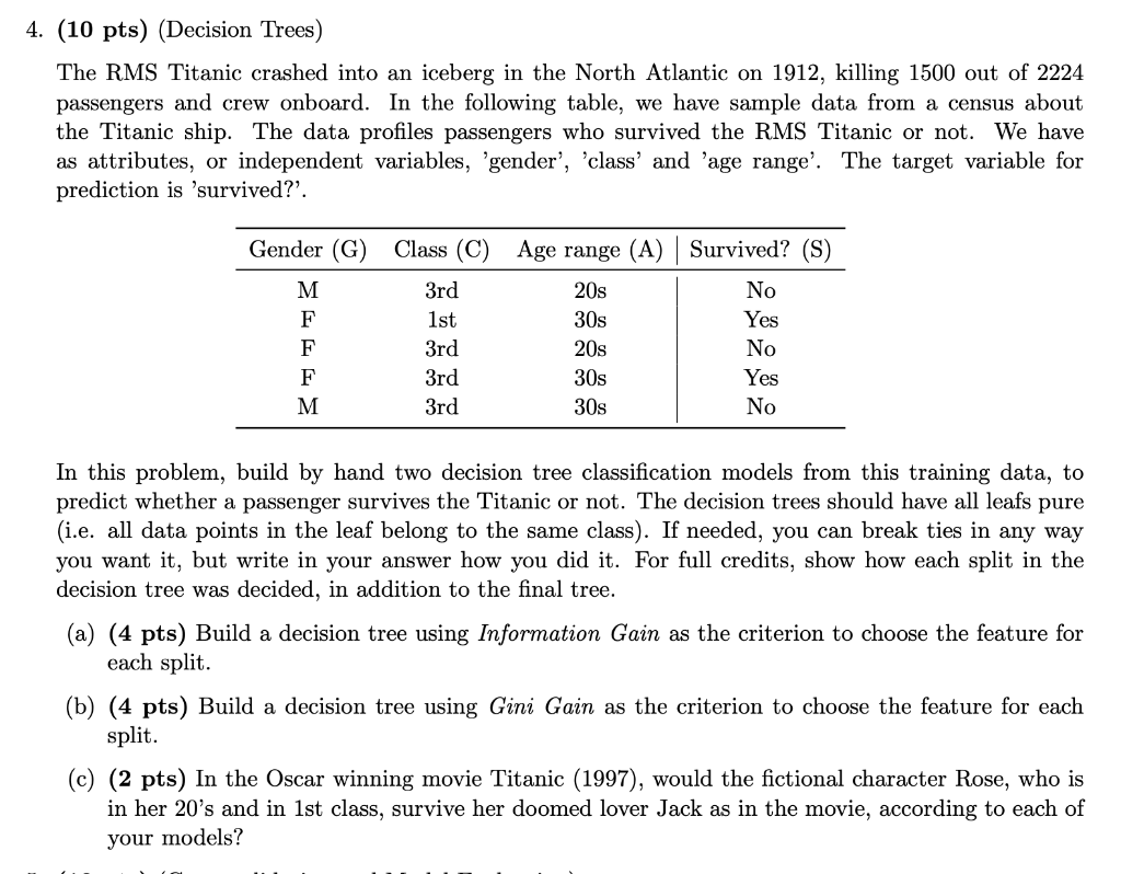 Solved 4. (10 pts) (Decision Trees) The RMS Titanic crashed | Chegg.com