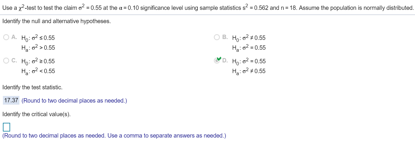 Solved Use a x2-test to test the claim o2 = 0.55 at the a = | Chegg.com