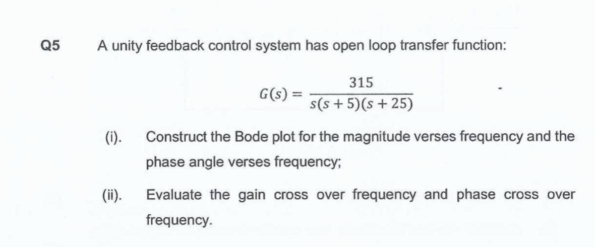 Solved Q5 A unity feedback control system has open loop | Chegg.com