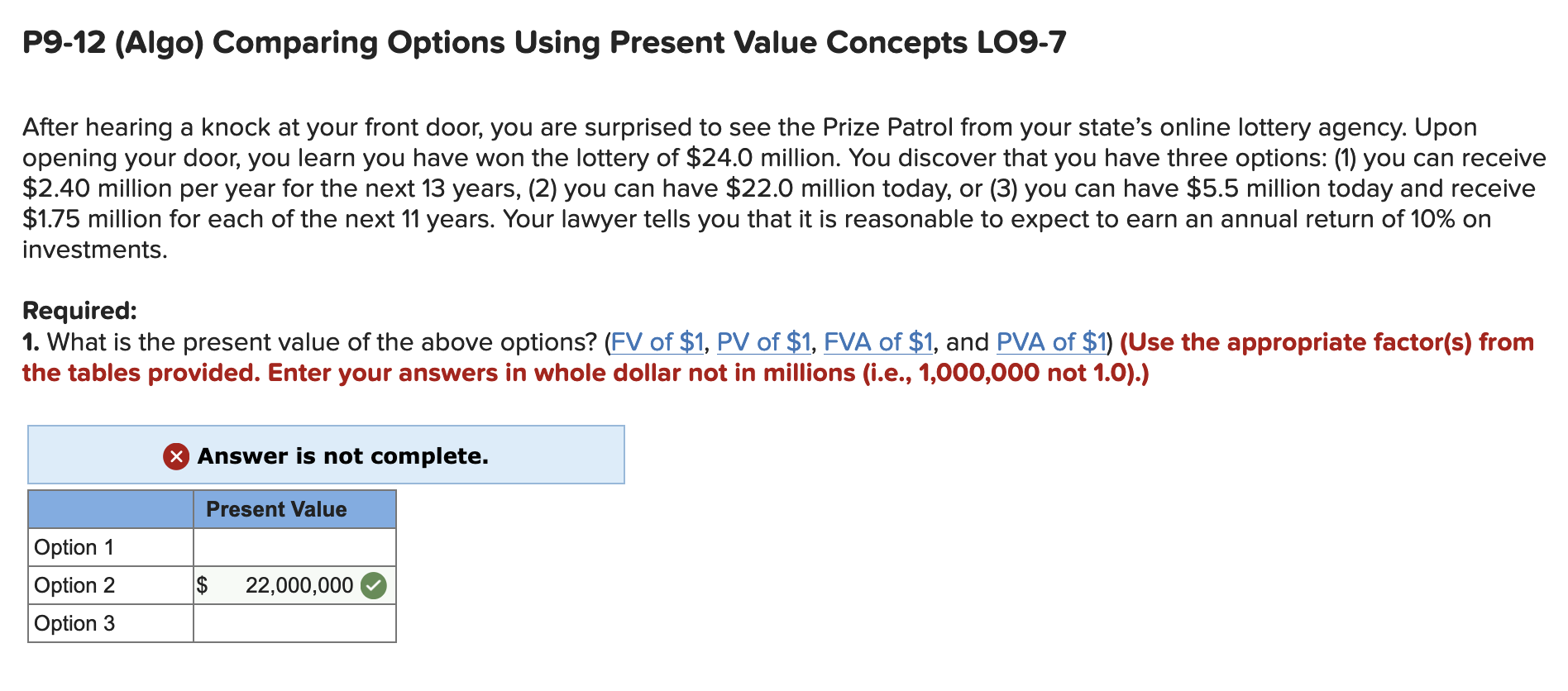 Solved P9-12 (Algo) Comparing Options Using Present Value | Chegg.com
