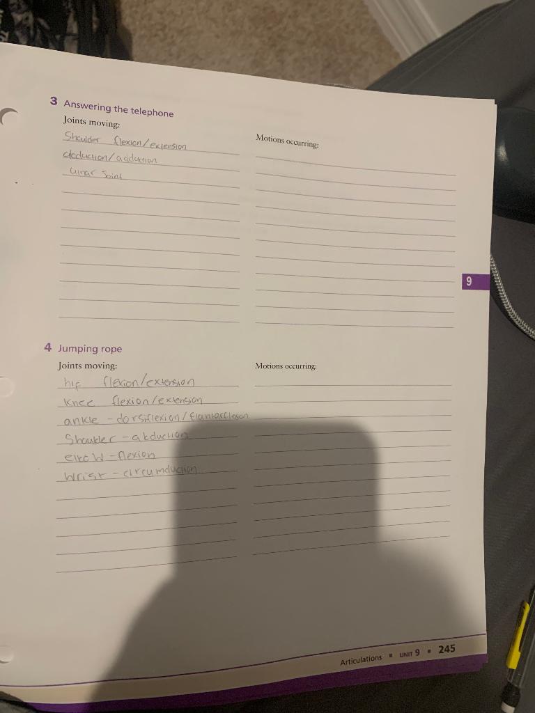 Solved 3 Answering the telephone Joints moving: Shoulder | Chegg.com