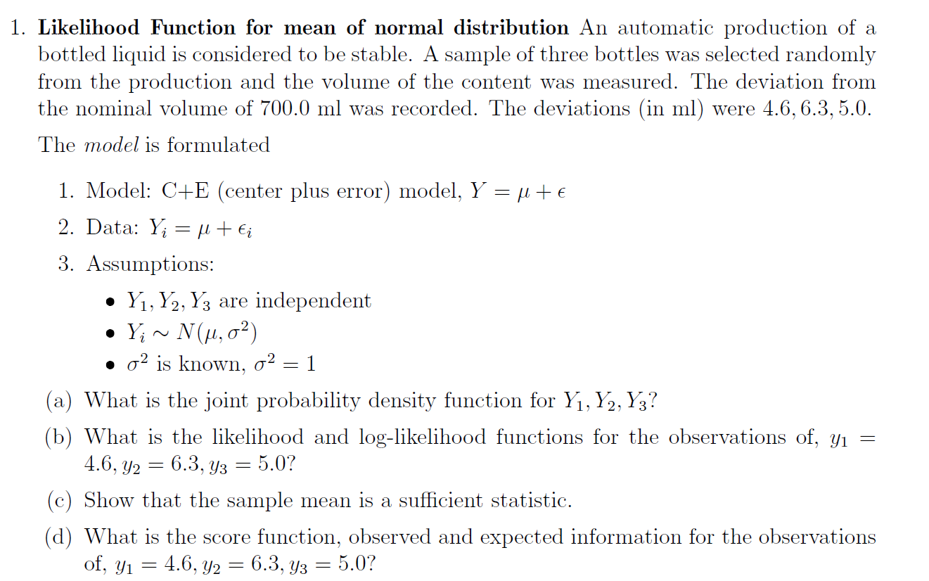 Solved 1. Likelihood Function for mean of normal | Chegg.com
