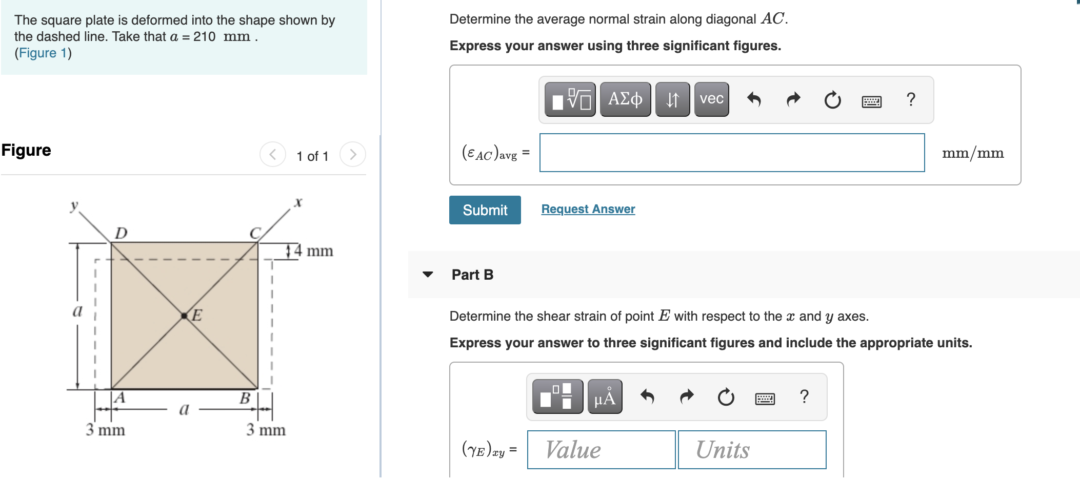 Solved The square plate is deformed into the shape shown by | Chegg.com