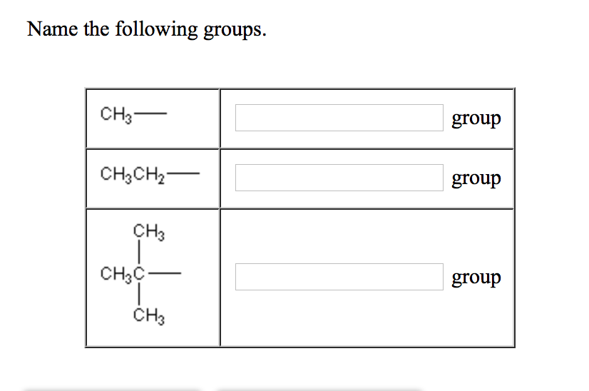 Solved Name the following groups. CH3 group CH3CH2 group CH3 | Chegg.com