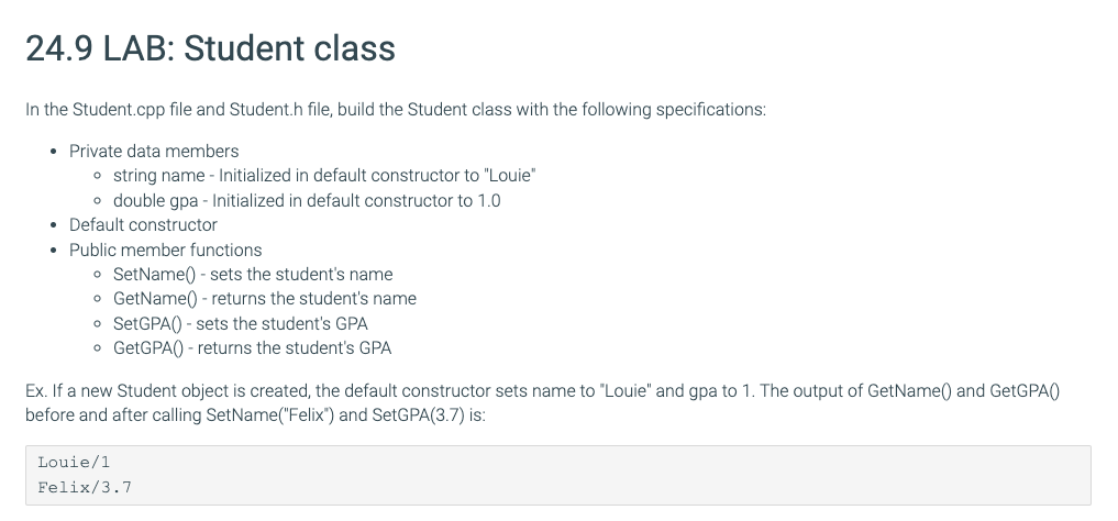 Solved 24.9 ﻿LAB: Student classIn the Student.cpp file and | Chegg.com