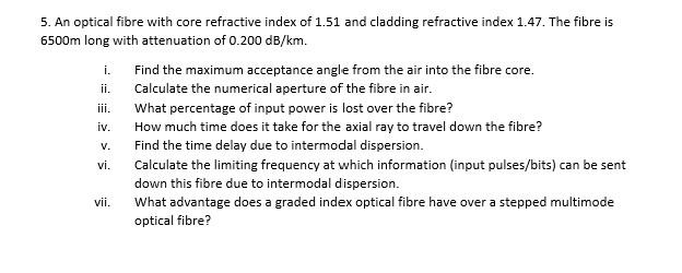 Solved i. 5. An optical fibre with core refractive index of | Chegg.com