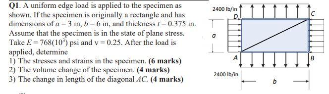 Solved 2400 lb/in D с a Q1. A uniform edge load is applied | Chegg.com