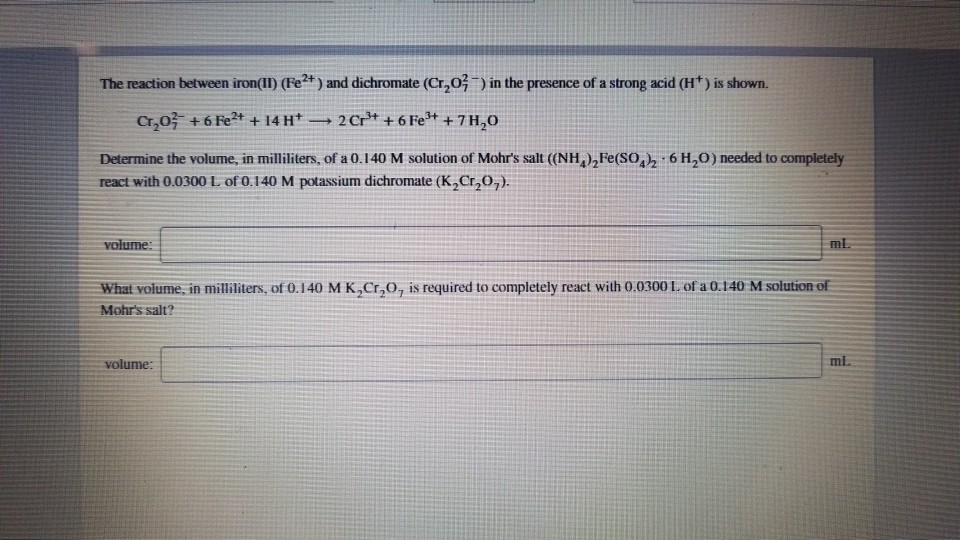 Solved The reaction between iron(II) (Fe2+ ) and dichromate | Chegg.com