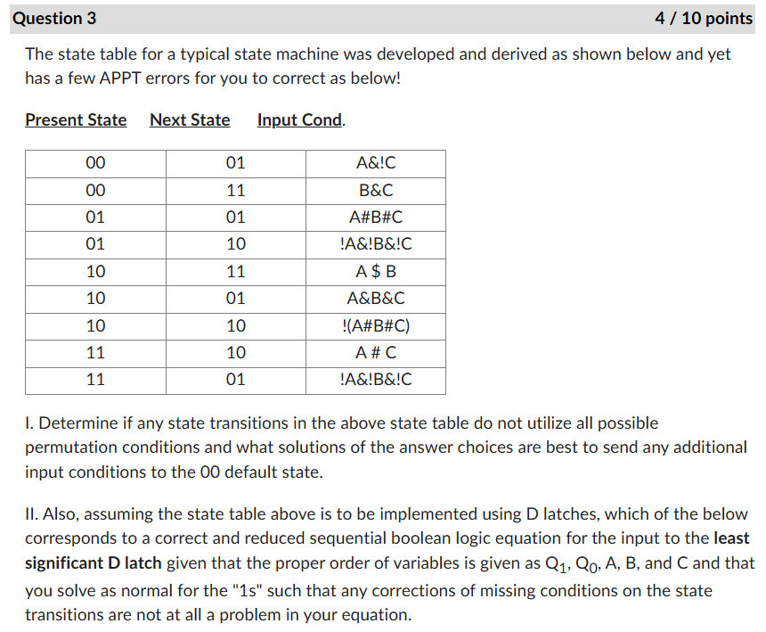 Question 3The state table for a typical state machine | Chegg.com