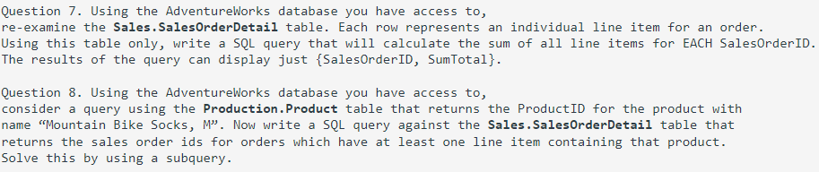 Question 7. Using the AdventureWorks database you | Chegg.com