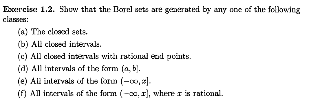 Solved Exercise 1.2. Show that the Borel sets are generated | Chegg.com