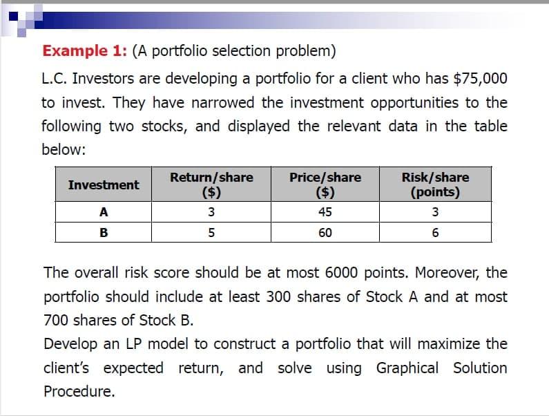 Solved Example 1: (A portfolio selection problem) L.C. | Chegg.com