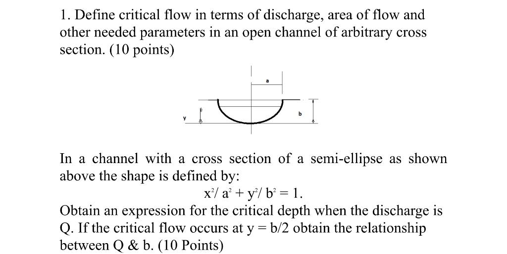 Solved 1. Define critical flow in terms of discharge, area | Chegg.com