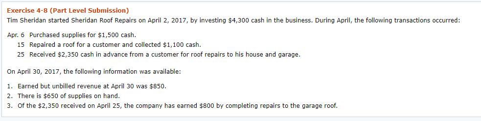 Solved Exercise 4-8 (Part Level Submission) Tim Sheridan | Chegg.com