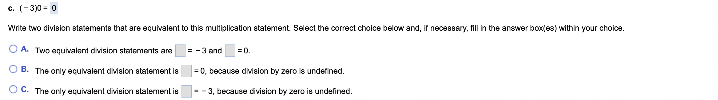 c. (-3)0=0Write two division statements that are | Chegg.com