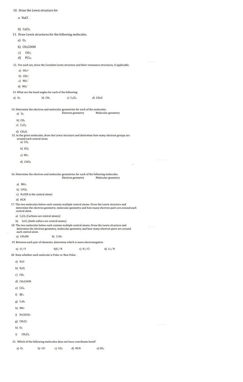 Solved 10. Draw the Lewis structure for a. NaCl b) CaCl2 b | Chegg.com