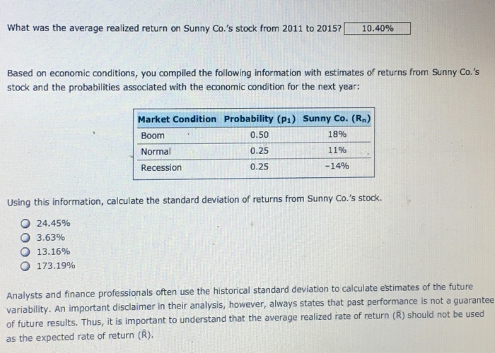 Solved What was the average realized return on Sunny Co.'s | Chegg.com
