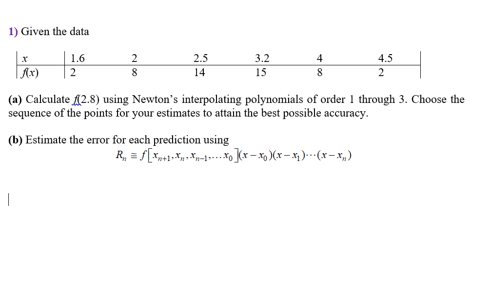 Solved 1) Given the data (a) Calculate f2.8) using Newton's | Chegg.com