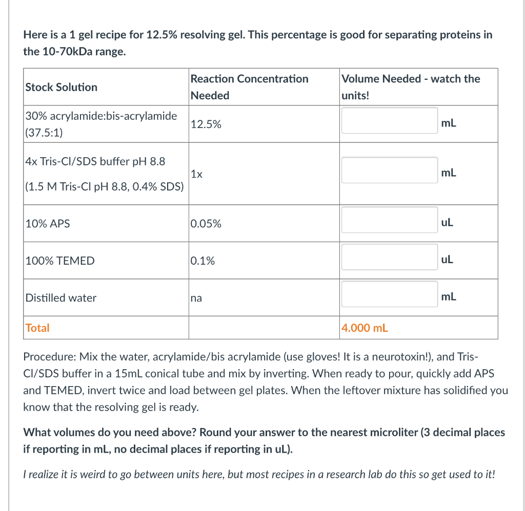 Solved Here is a 1 gel recipe for 12.5% resolving gel. This | Chegg.com