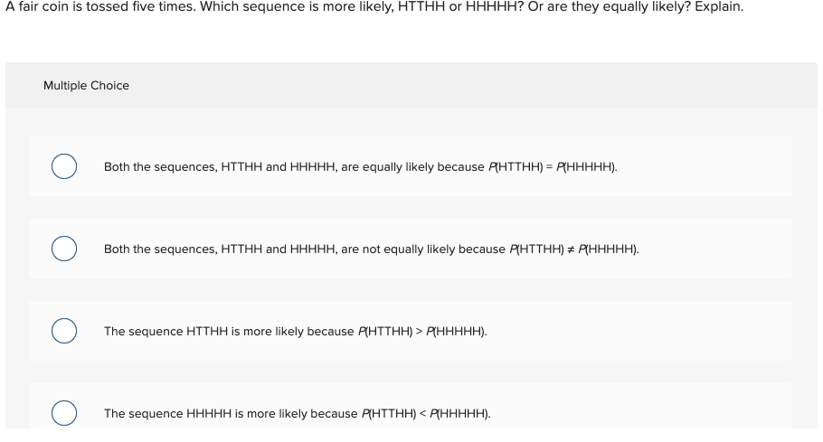 Solved r coin is tossed five times. Which sequence is more | Chegg.com