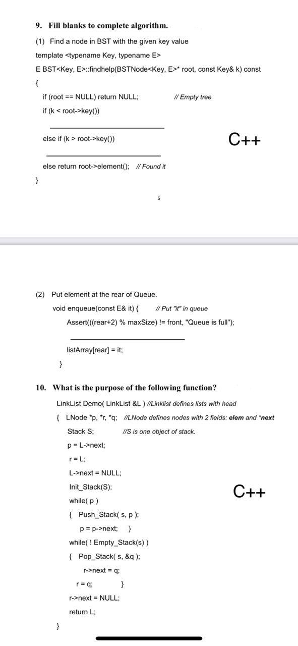 Solved 9 Fill Blanks To Complete Algorithm 1 Find A Node 