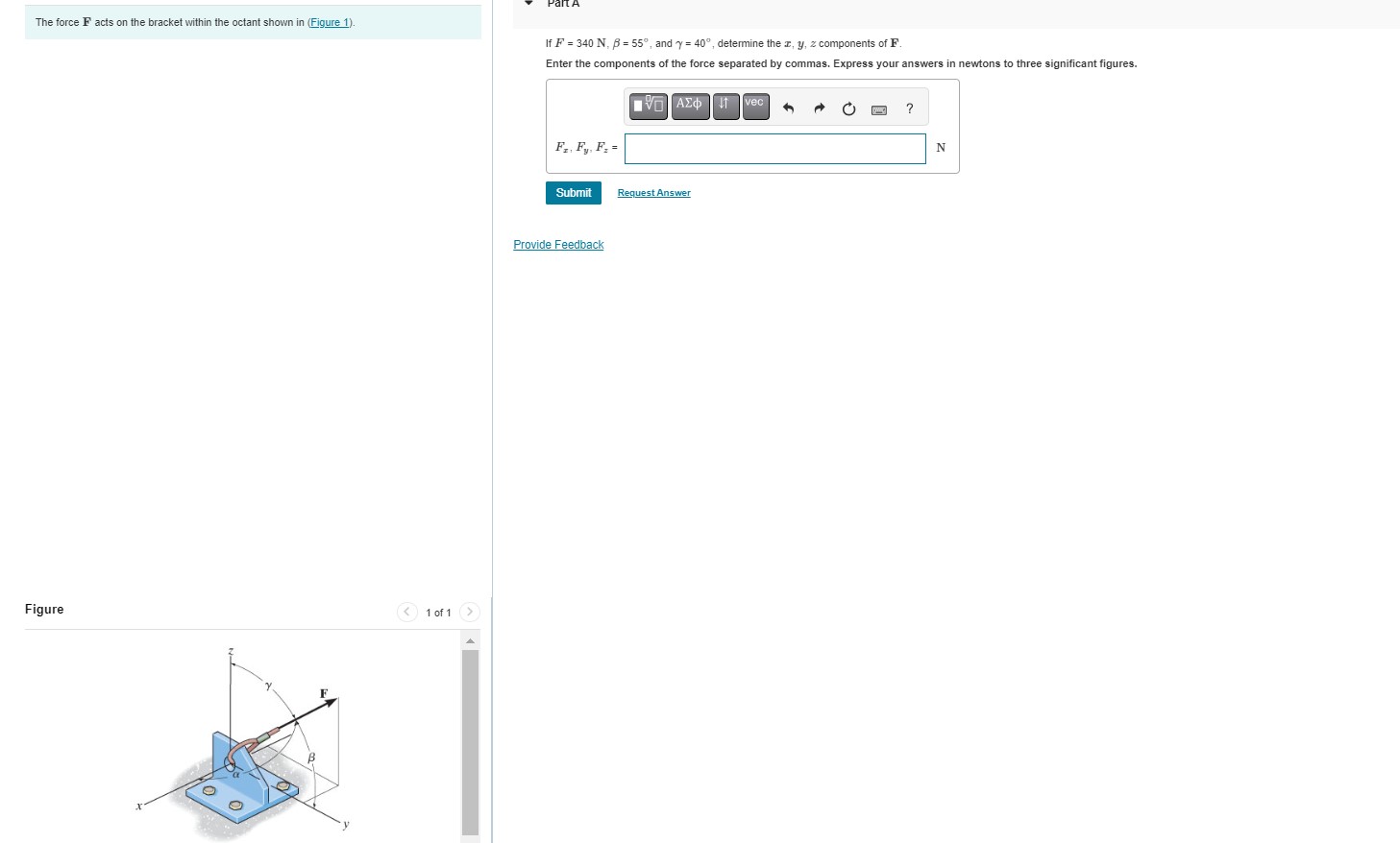[Solved]: The force F acts on the bracket within the octant