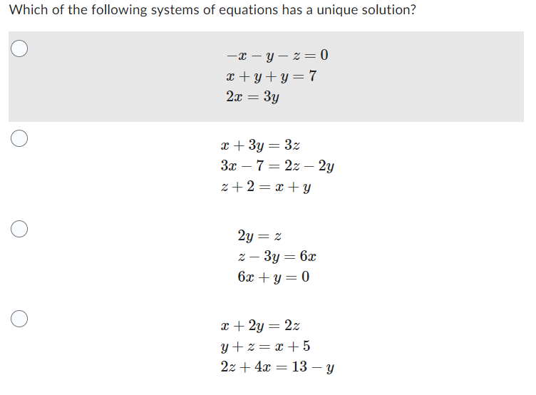 Solved Which of the following systems of equations has a | Chegg.com