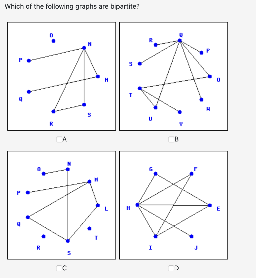 Solved Which of the following graphs are bipartite?ABCD | Chegg.com
