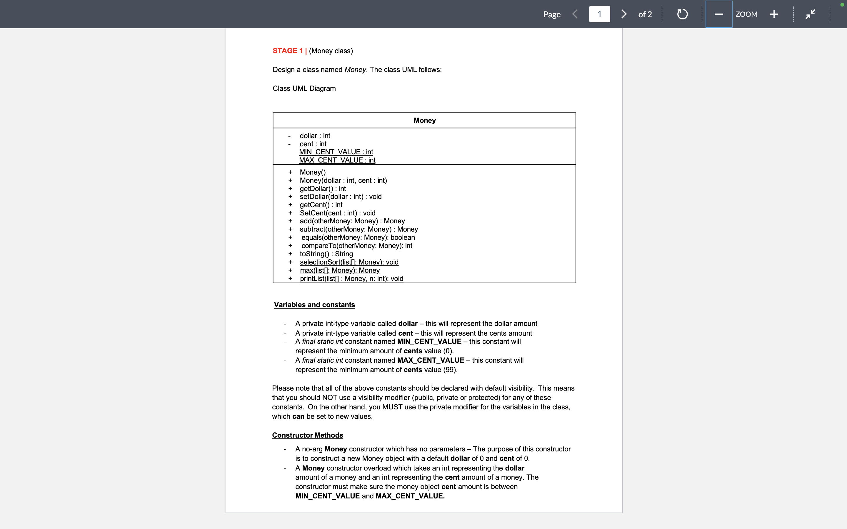 Solved STAGE 1 | (Money class) Design a class named Money. | Chegg.com