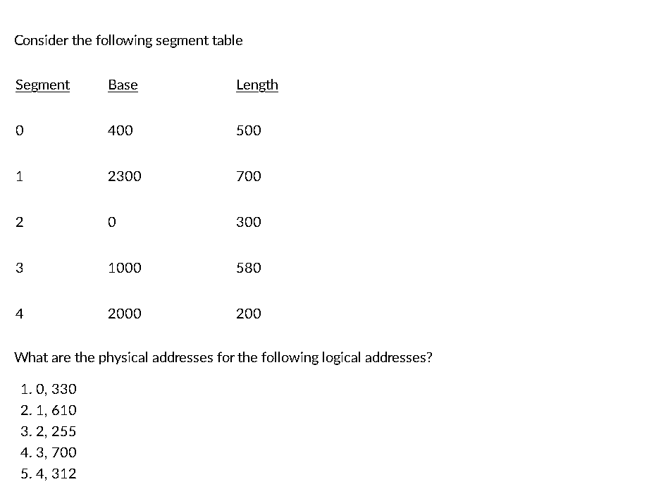 Solved Consider the following segment table Segment Base | Chegg.com