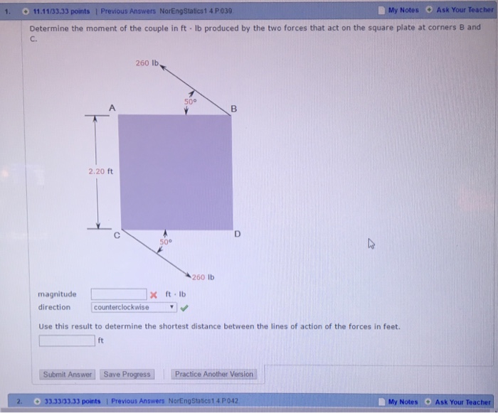 Solved Determine the moment of the couple in ft - lb | Chegg.com