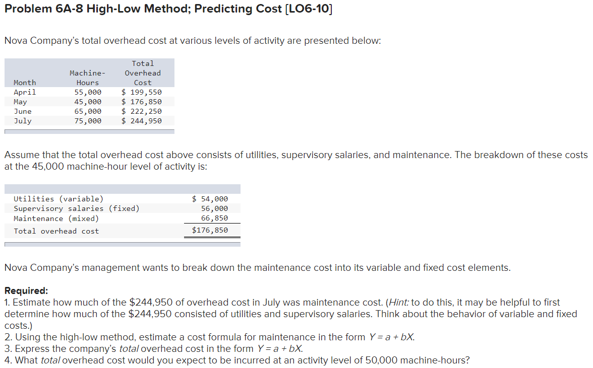 Solved Problem 6A-8 High-Low Method; Predicting Cost | Chegg.com