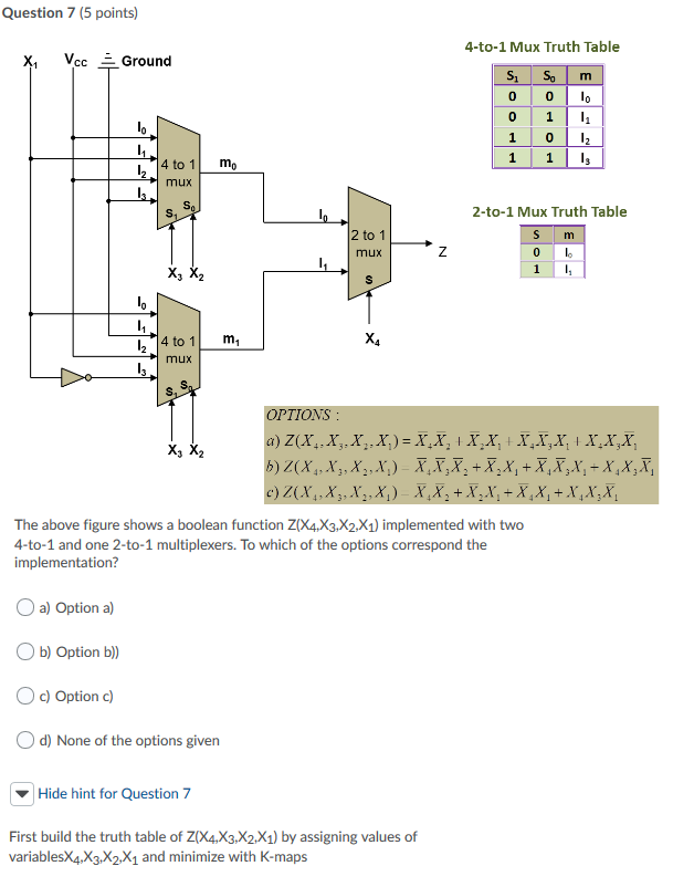 Solved Question 7 (5 points) 4-to-1 Mux Truth Table Vcc X, | Chegg.com