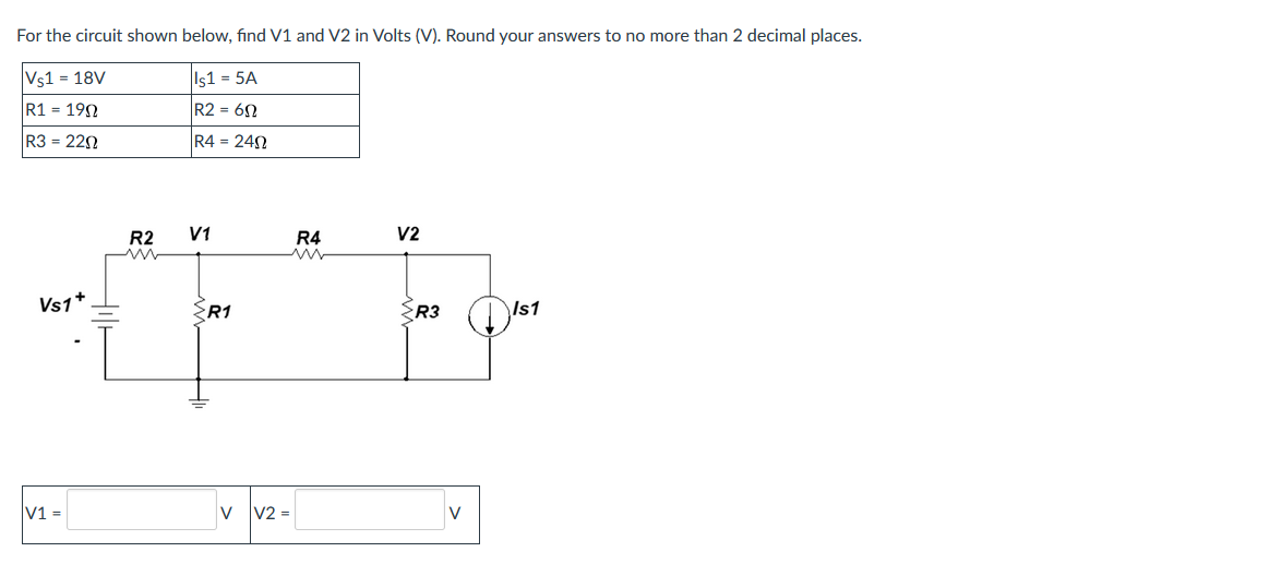 Solved For the circuit shown below, find V1 and V2 in Volts | Chegg.com