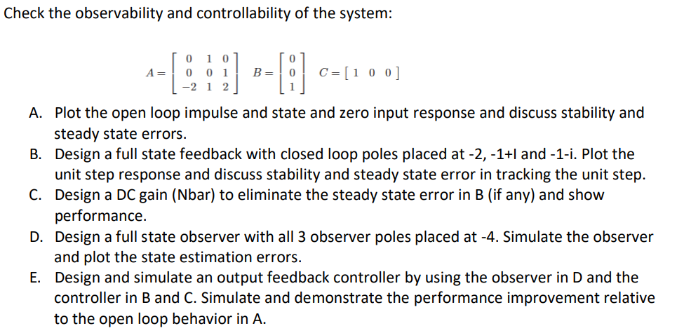 Check the observability and controllability of the | Chegg.com