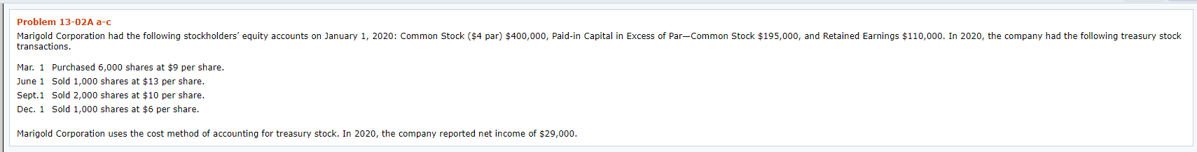 Solved Problem 13-02A a-c Marigold Corporation had the | Chegg.com