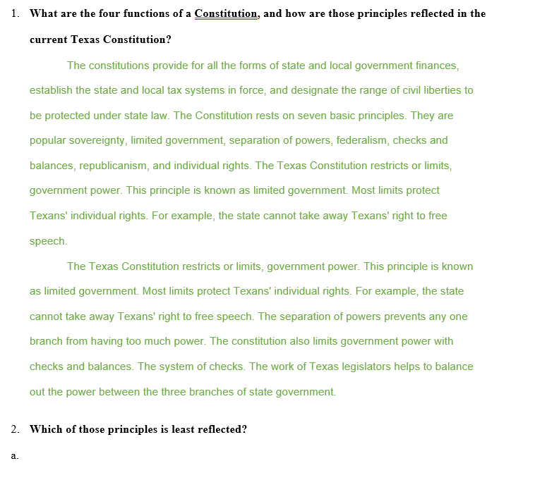 1. What are the four functions of a Constitution, and | Chegg.com
