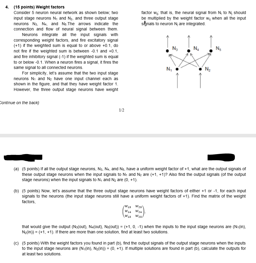 4. (15 points) Weight factors Consider 5 neuron | Chegg.com
