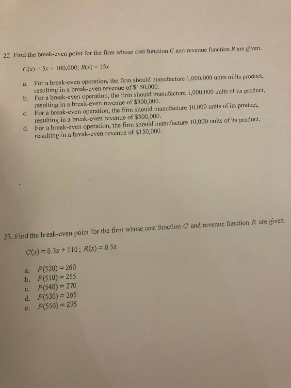 Solved 22. Find the break-even point for the firm whose cost | Chegg.com